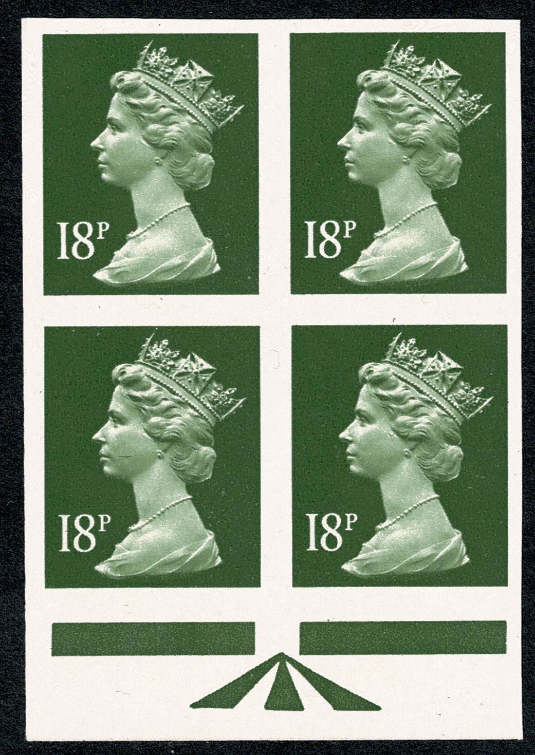 18p grey green ACP/PVAD. COMPLETELY IMPERFORATE positional block of four.