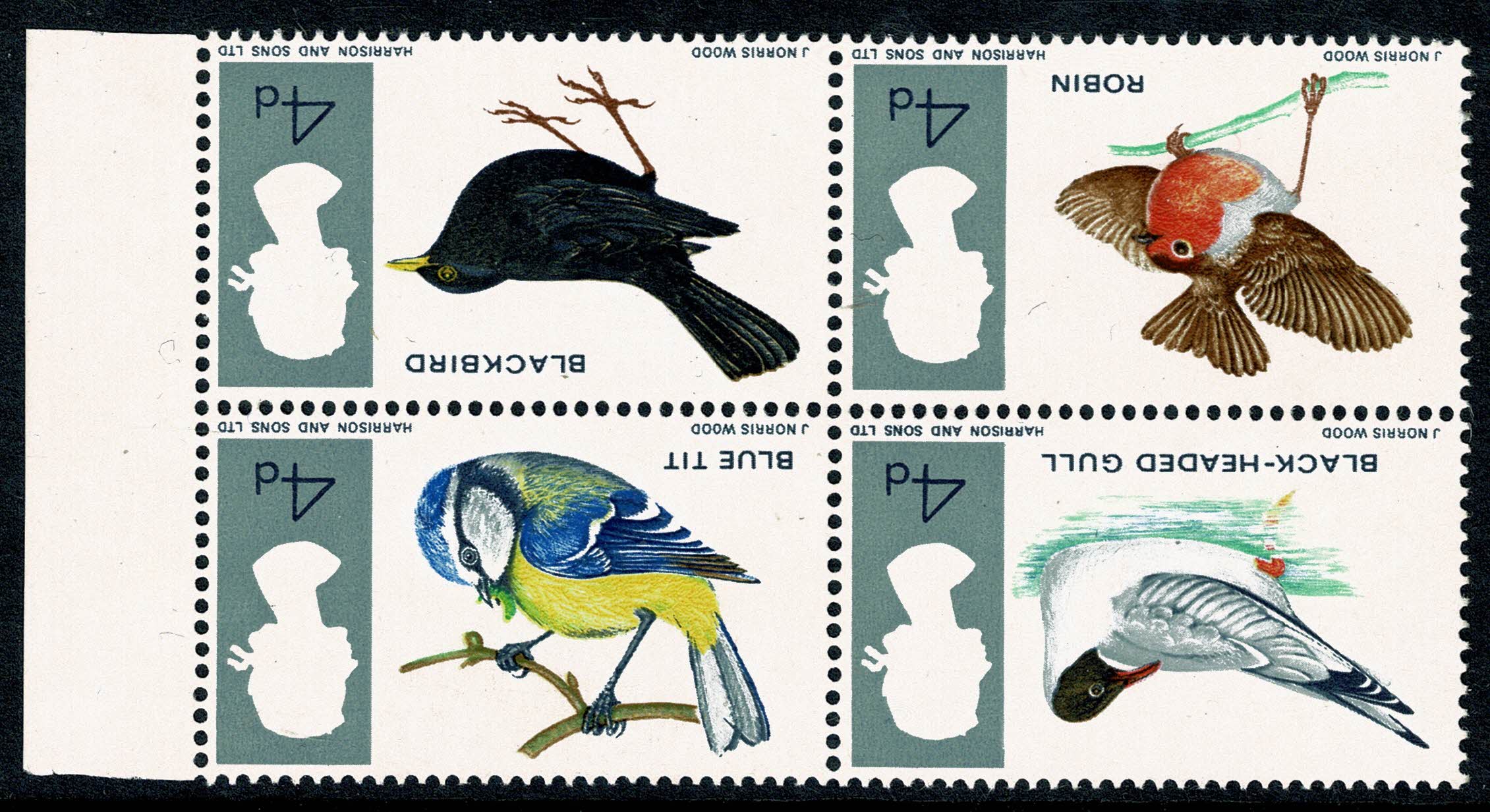1966 Birds (ord). Right marginal block . WATERMARK INVERTED. SG 696aWi.
