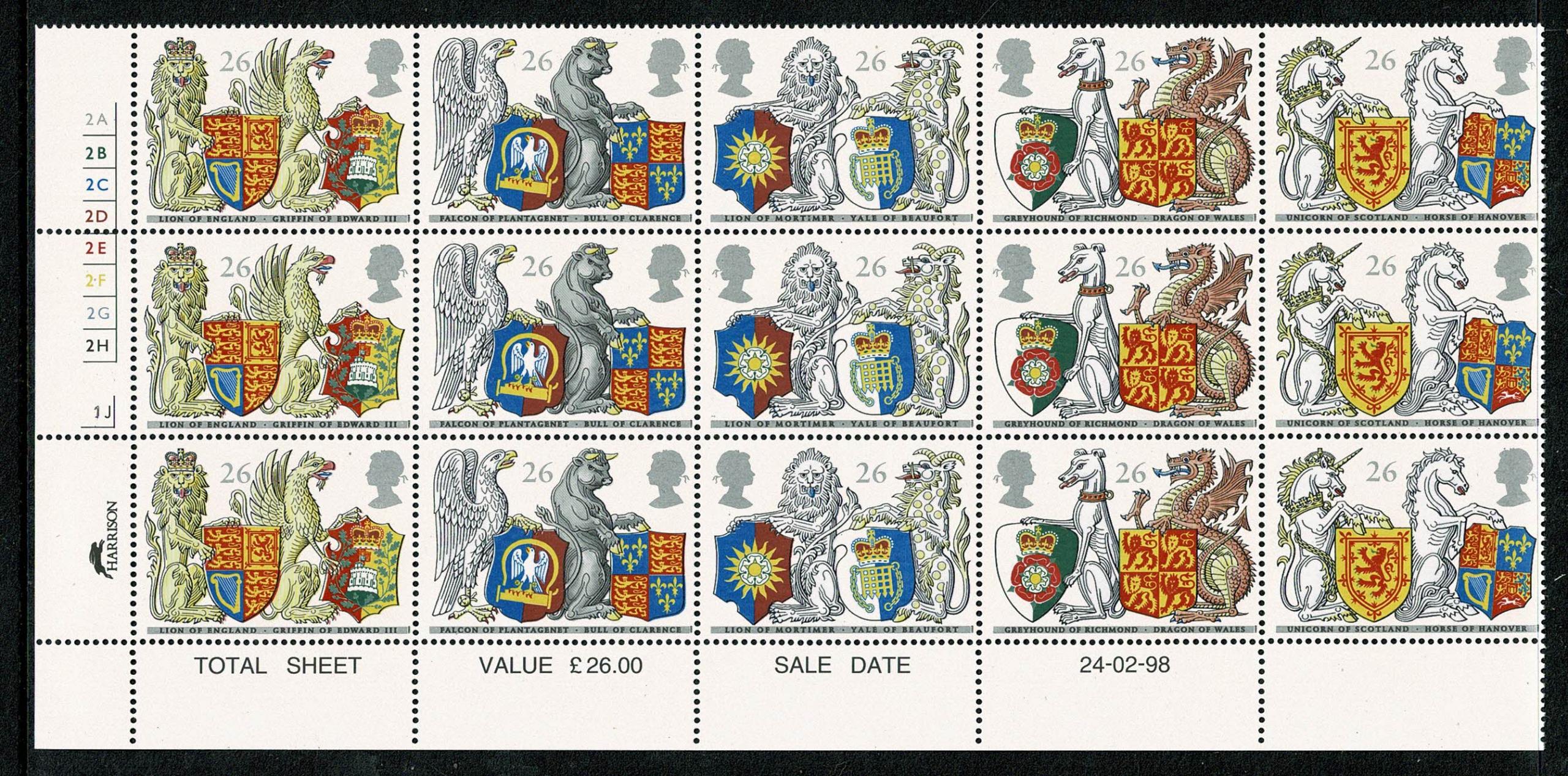 1998 Queen's Beasts 26p s/t strip MISSING PHOSPHOR. Cylinder block of ...